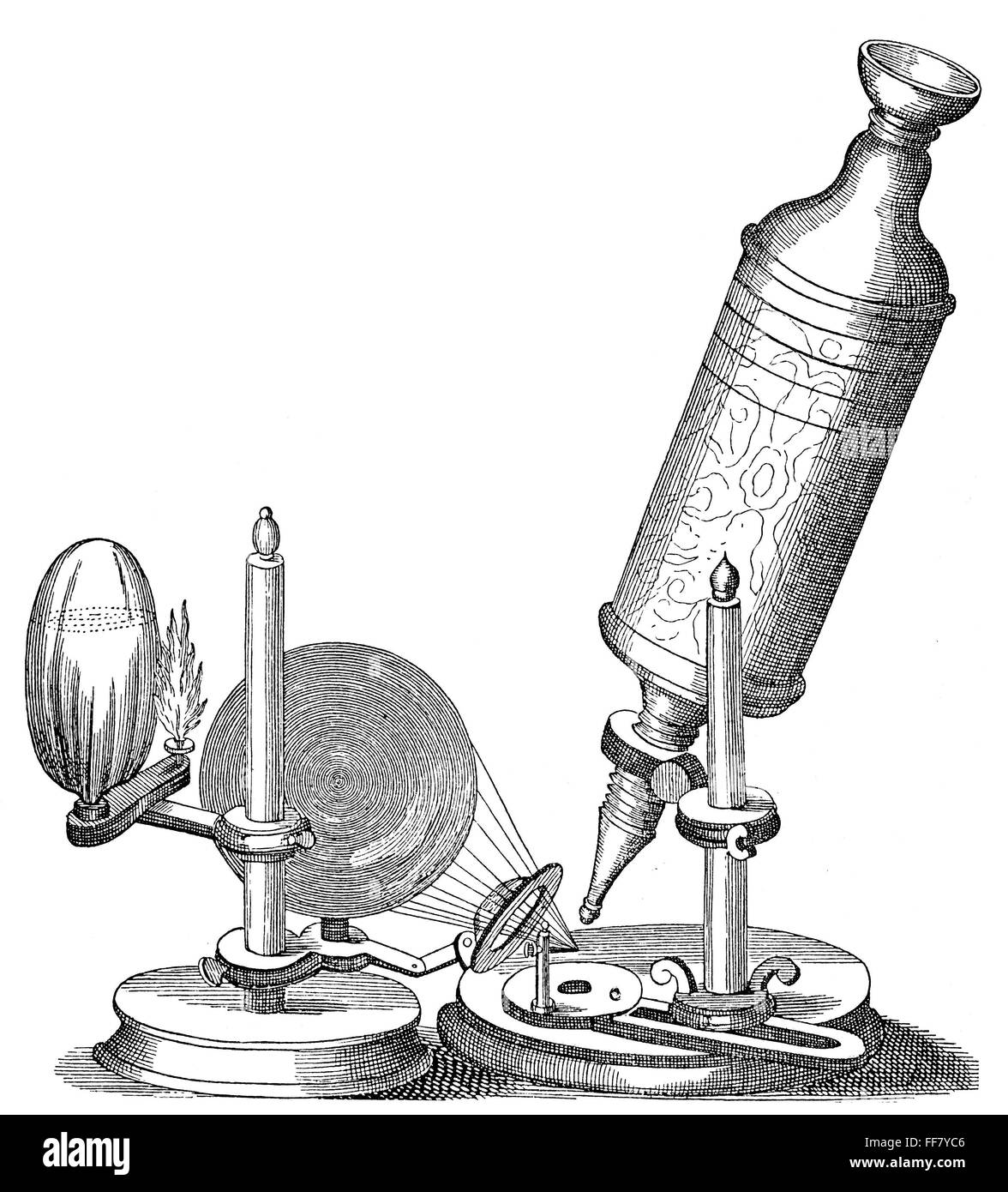 ROBERT HOOKE'S MICROSCOPE. /nLine engraving after the illustration in ...