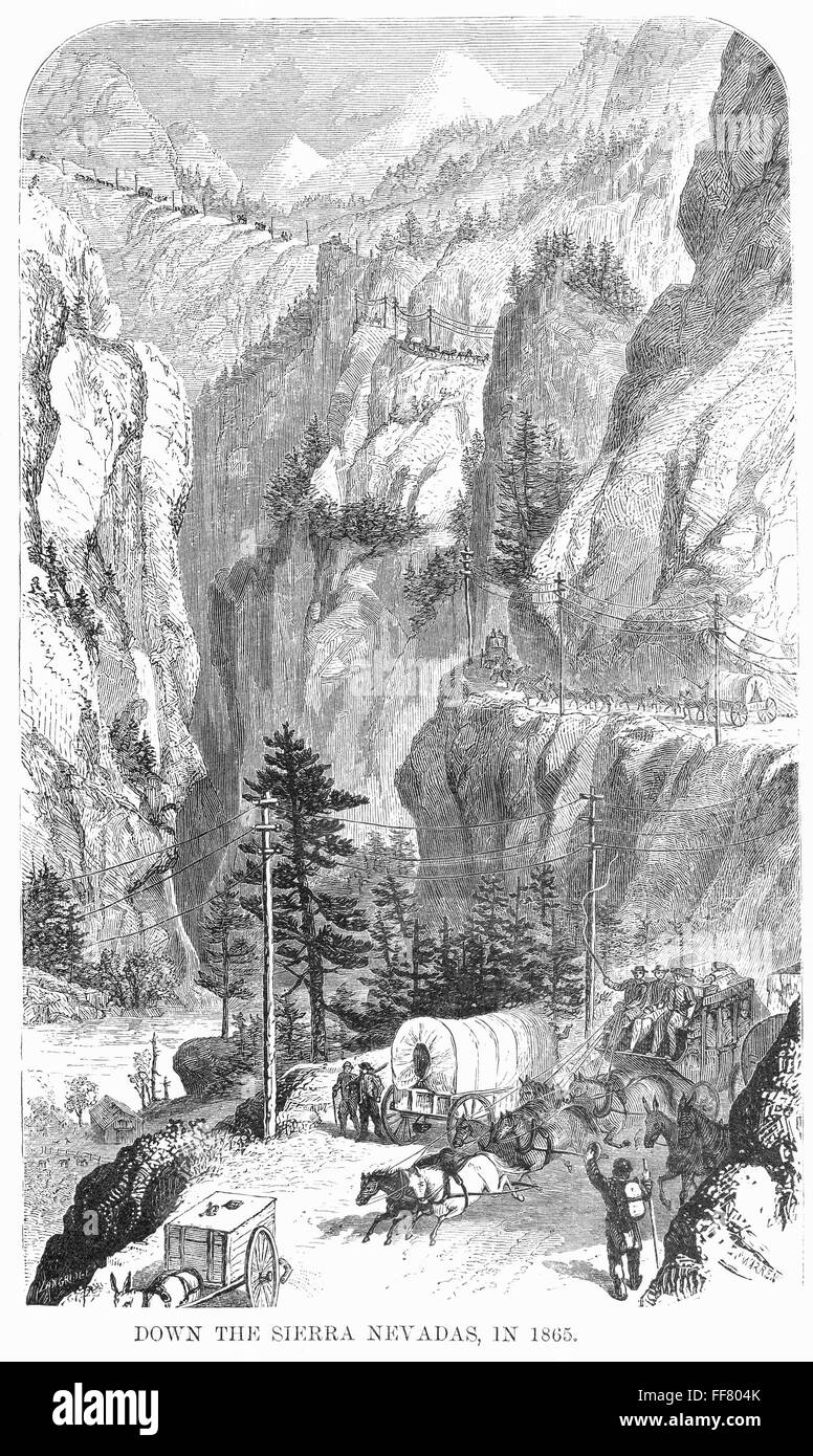EMIGRANTS TO THE WEST, 1865. /nTraffic in the Sierra Nevada mountains ...