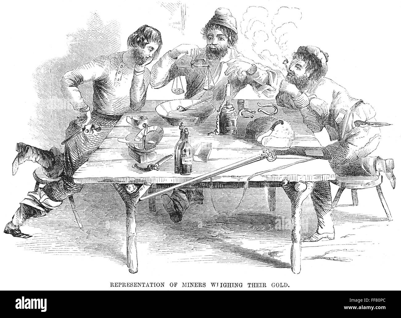 CALIFORNIA GOLD RUSH, 1853. /n'Forty-niners' in California weighing ...