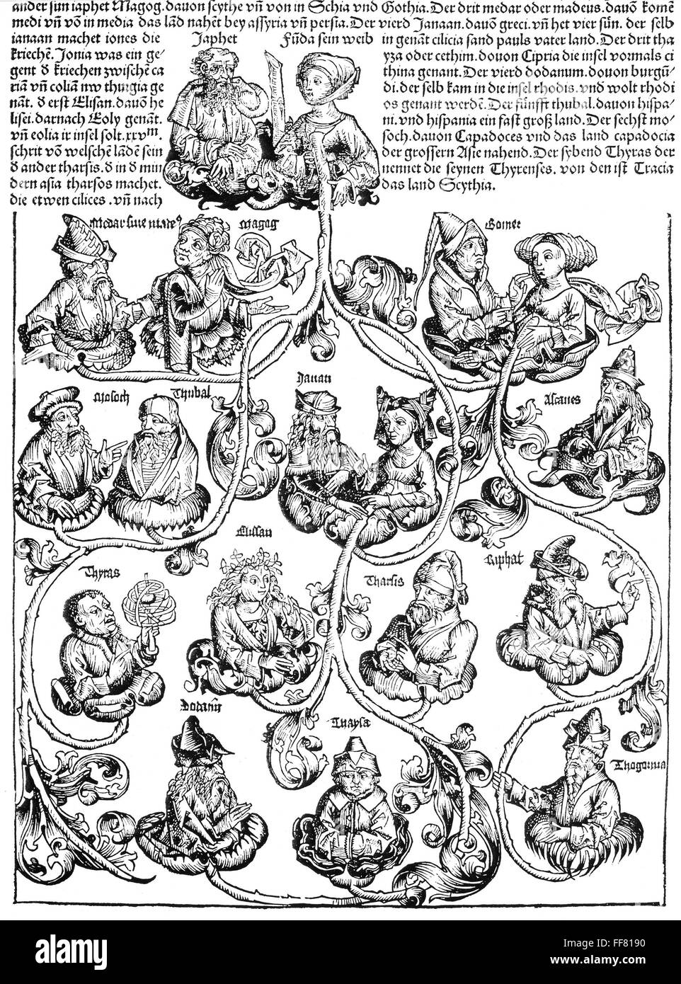 FAMILY TREE, 1493. /nThe descendants of Japeth. Woodcut, German, 1493 ...