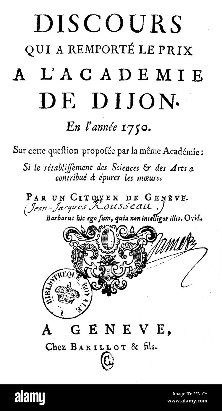 ROUSSEAU: DISCOURSE, 1750. /nTitle page of the first edition of the ...
