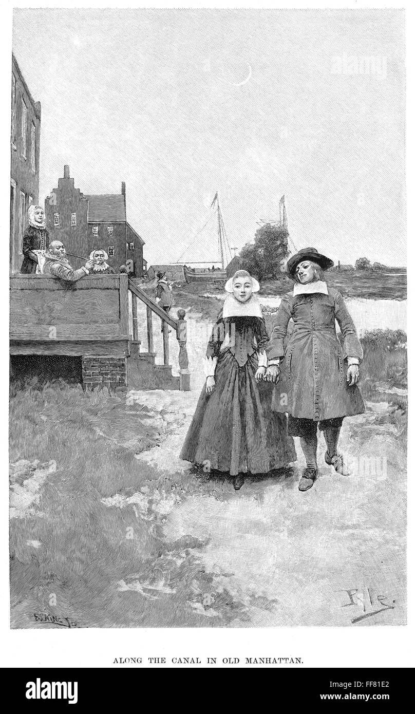 NEW AMSTERDAM. /n'Along the Canal in Old Manhattan.' Wood engraving ...