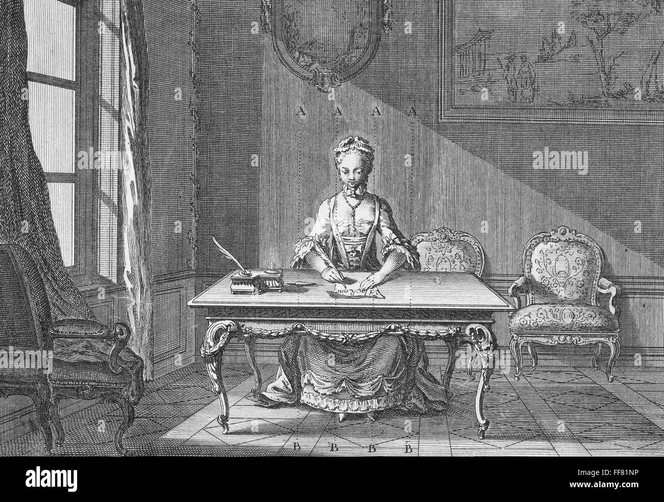 WRITING, 18th CENTURY. /nA woman writing with a quill. Line engraving ...