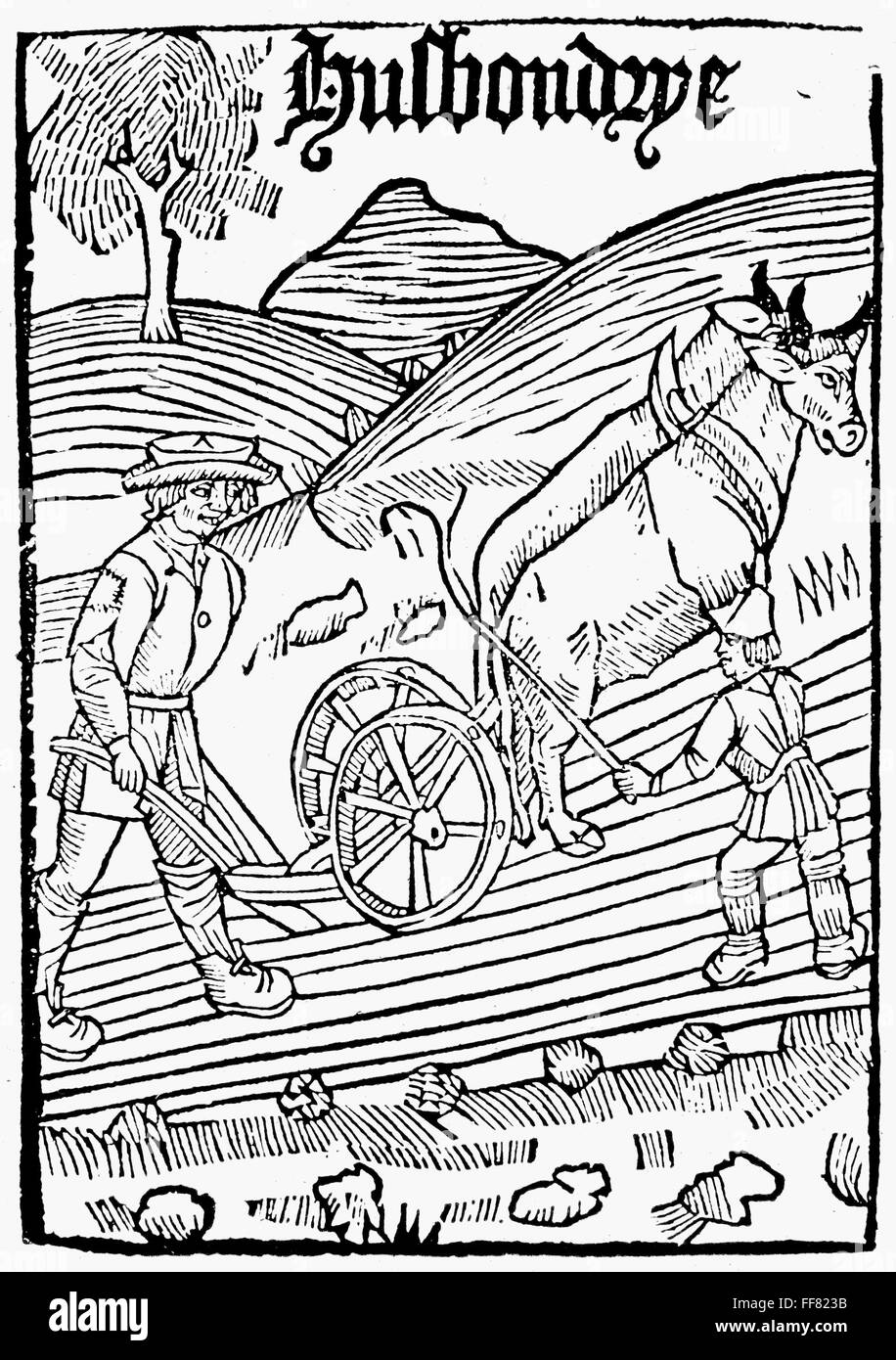PLOUGHING, 1523. /nWoodcut title-page of the first book on agriculture ...