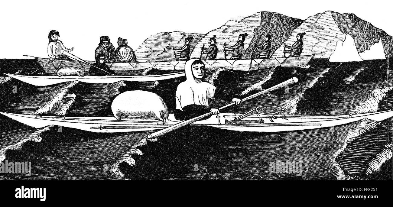 ESKIMOS, 19th CENTURY. /nIn the background, the umiak, a large skin ...