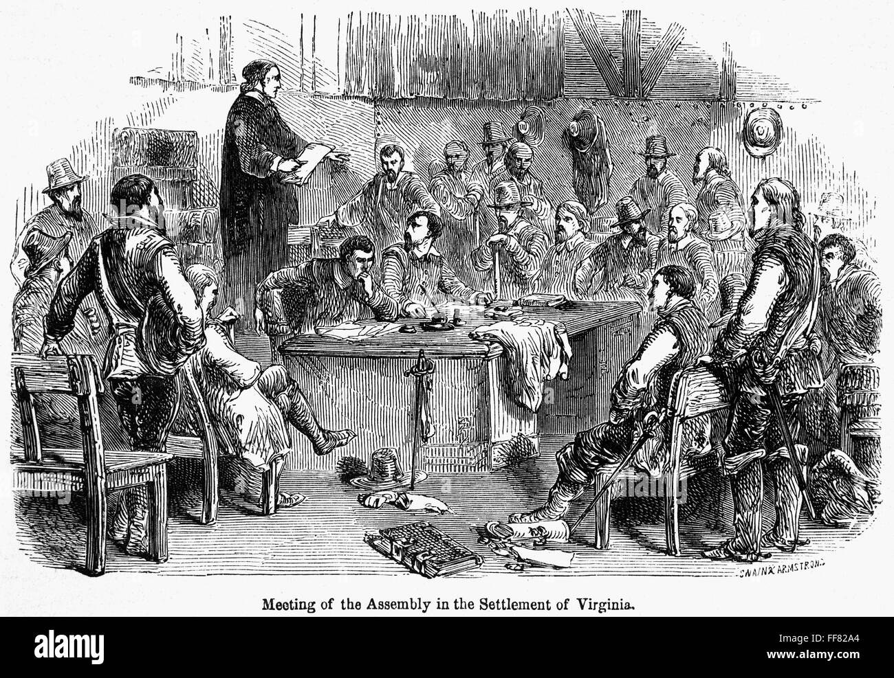 COLONIAL ASSEMBLY, 1619. /nA representation of the first colonial ...