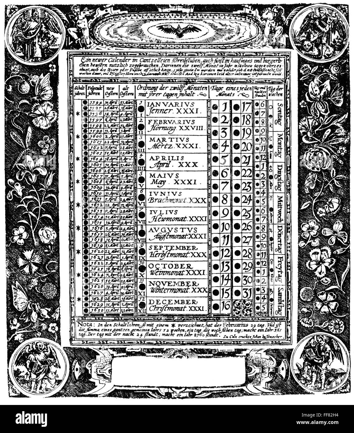 GERMAN CALENDAR, 1594. /nA 37 year calendar published by J. Bussemecher ...