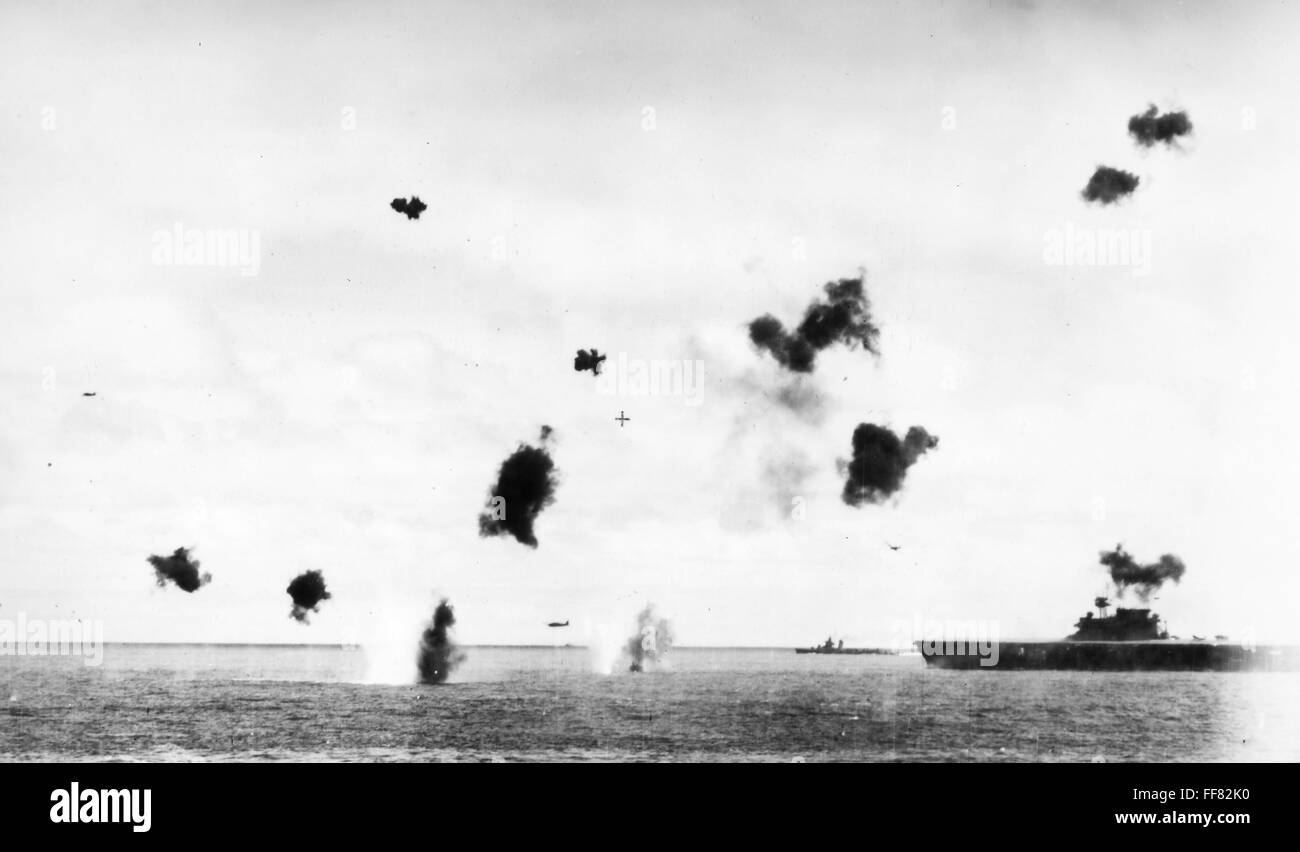 WORLD WAR II: MIDWAY, 1942. /nAircraft carrier U.S.S. Yorktown under ...