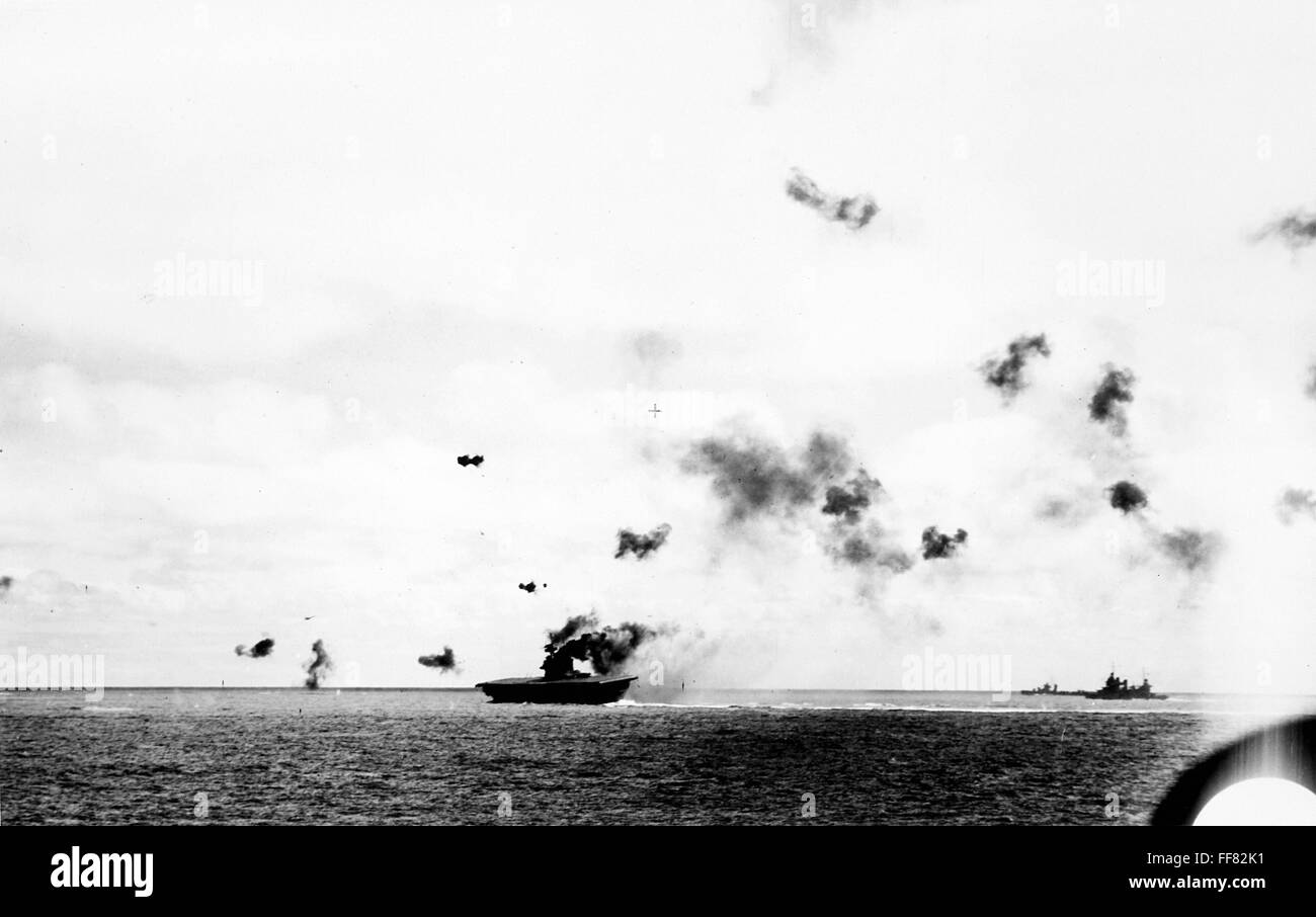 WORLD WAR II: MIDWAY, 1942. /nAircraft carrier USS Yorktown under ...