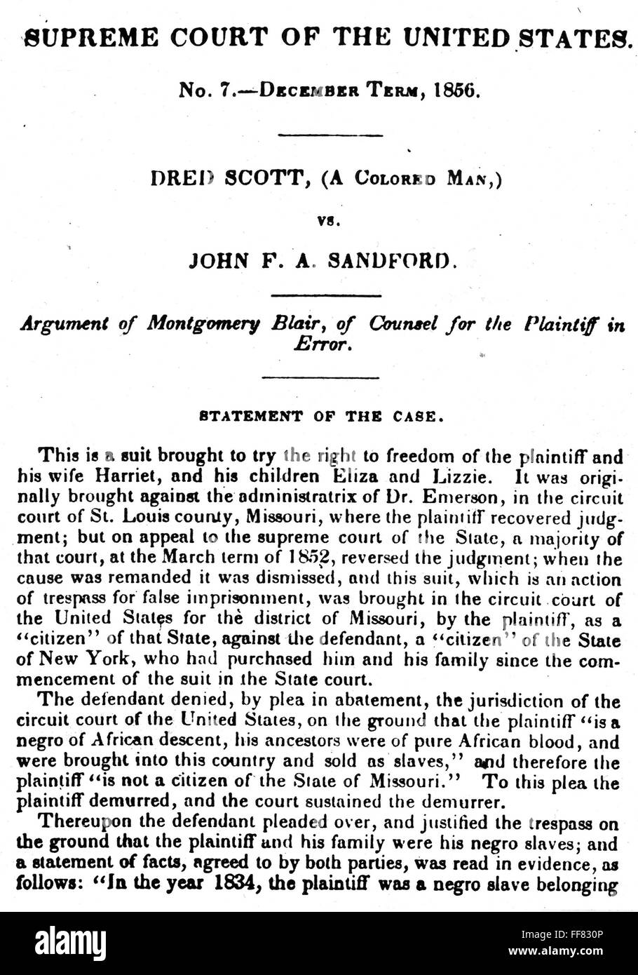 DRED SCOTT (1795?-1858). /nAmerican slave. First page of the printed ... DRED SCOTT (1795?-1858). /nAmerican slave. First page of the printed ...