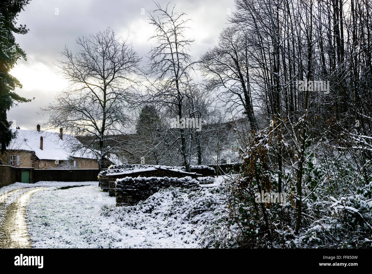 Winter village landscape with snow, Alsace, France Stock Photo - Alamy
