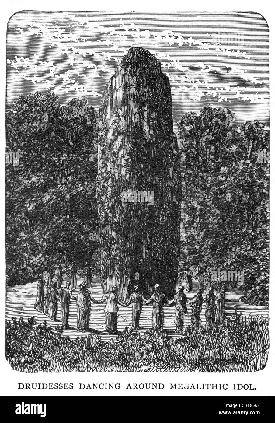 DRUIDESSES DANCING /naround a megalithic idol. Wood engraving, 19th ...