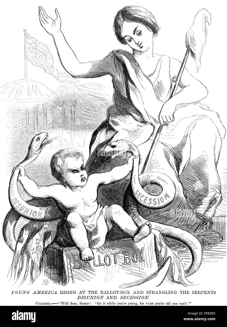 SECESSION CARTOON, 1860. /n'Young America Rising at the Ballot Box and ...