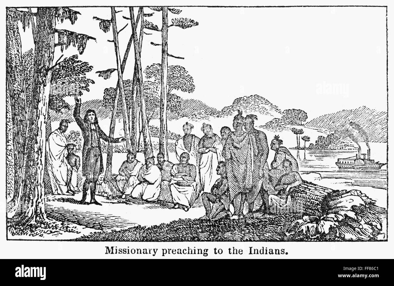 MISSIONARY AND NATIVE AMERICANS. /nA missionary preaching to Native ...