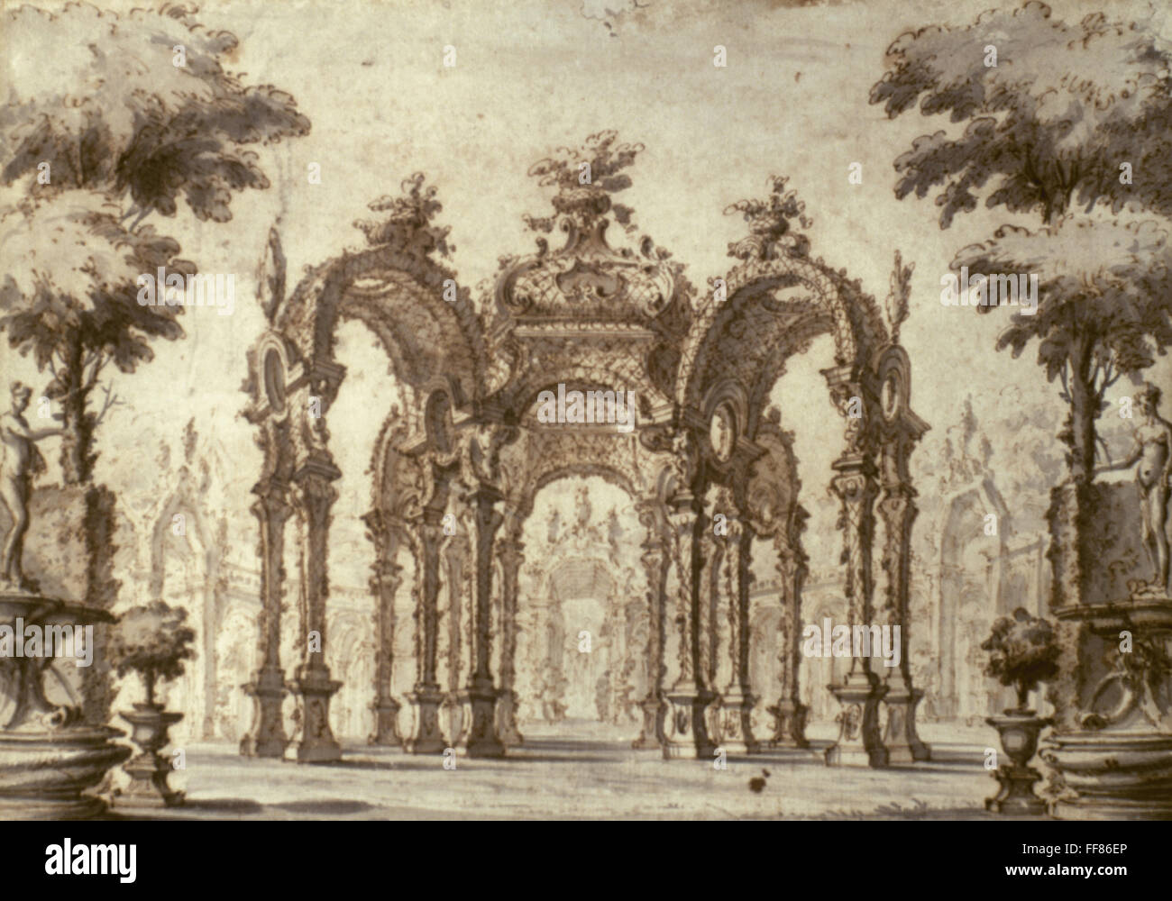 THEATRE: STAGE SET. /nGarden with kiosks designed by Guiseppe Galli ...