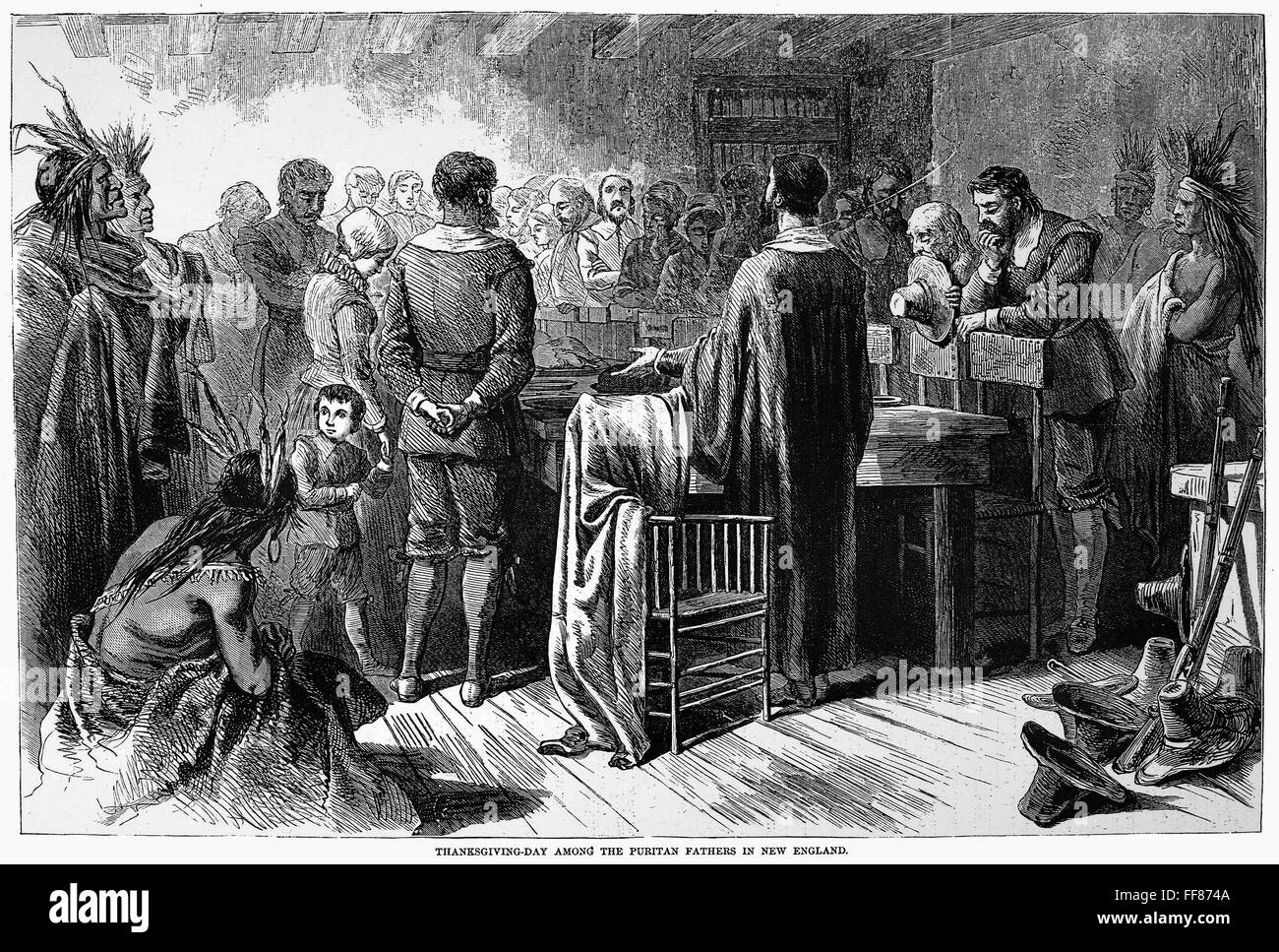 PILGRIMS: THANKSGIVING, 1621. /nPilgrims and Native Americans sharing ...