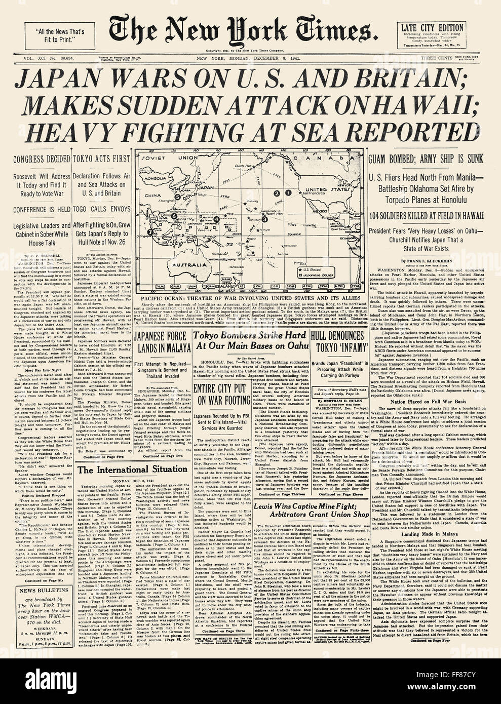 WORLD WAR II: PEARL HARBOR. /nThe front page of The New York Times, 8 ...