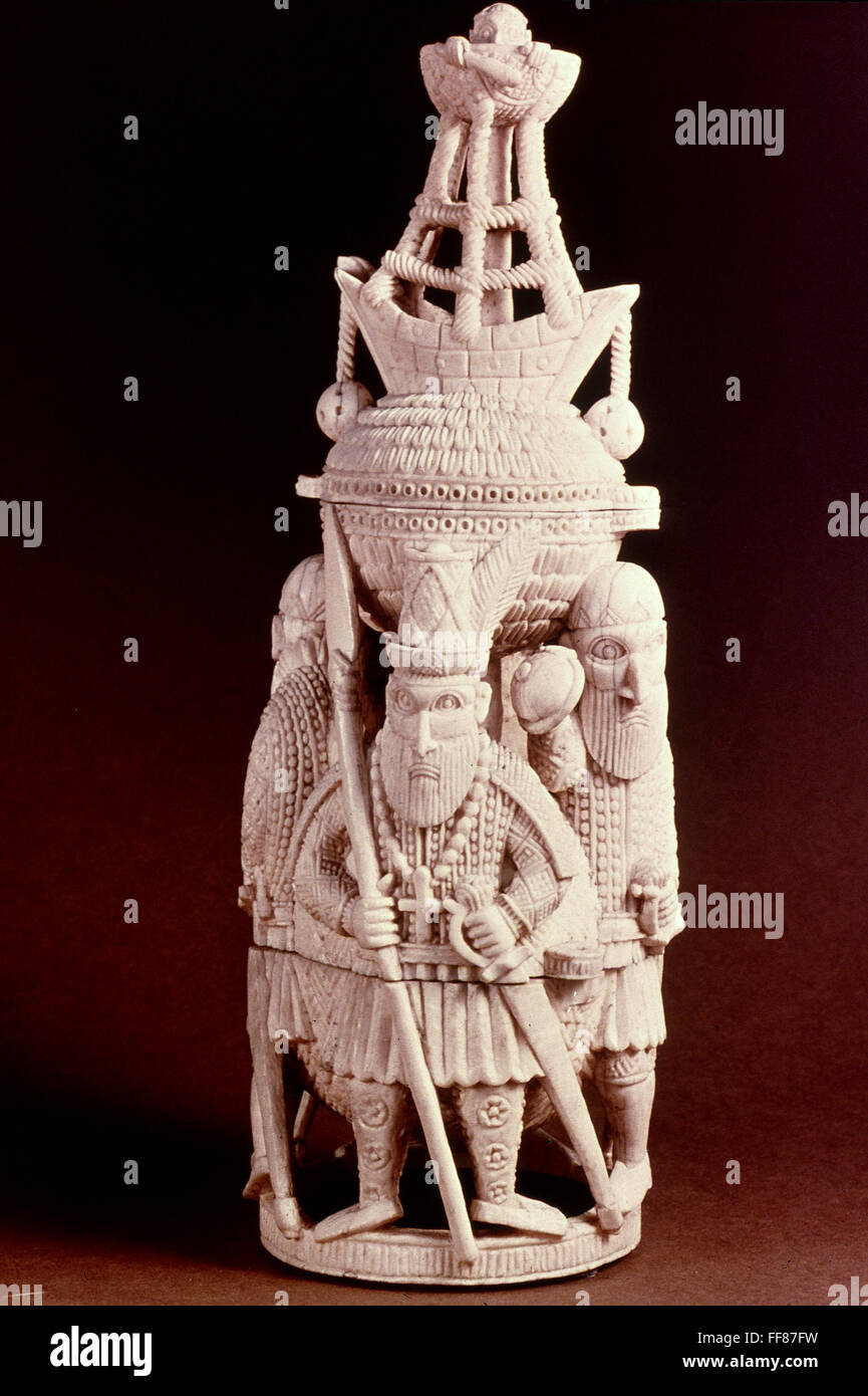 NIGERIA: IVORY SALT CELLAR. /nCarved ivory salt cellar with figures of ...