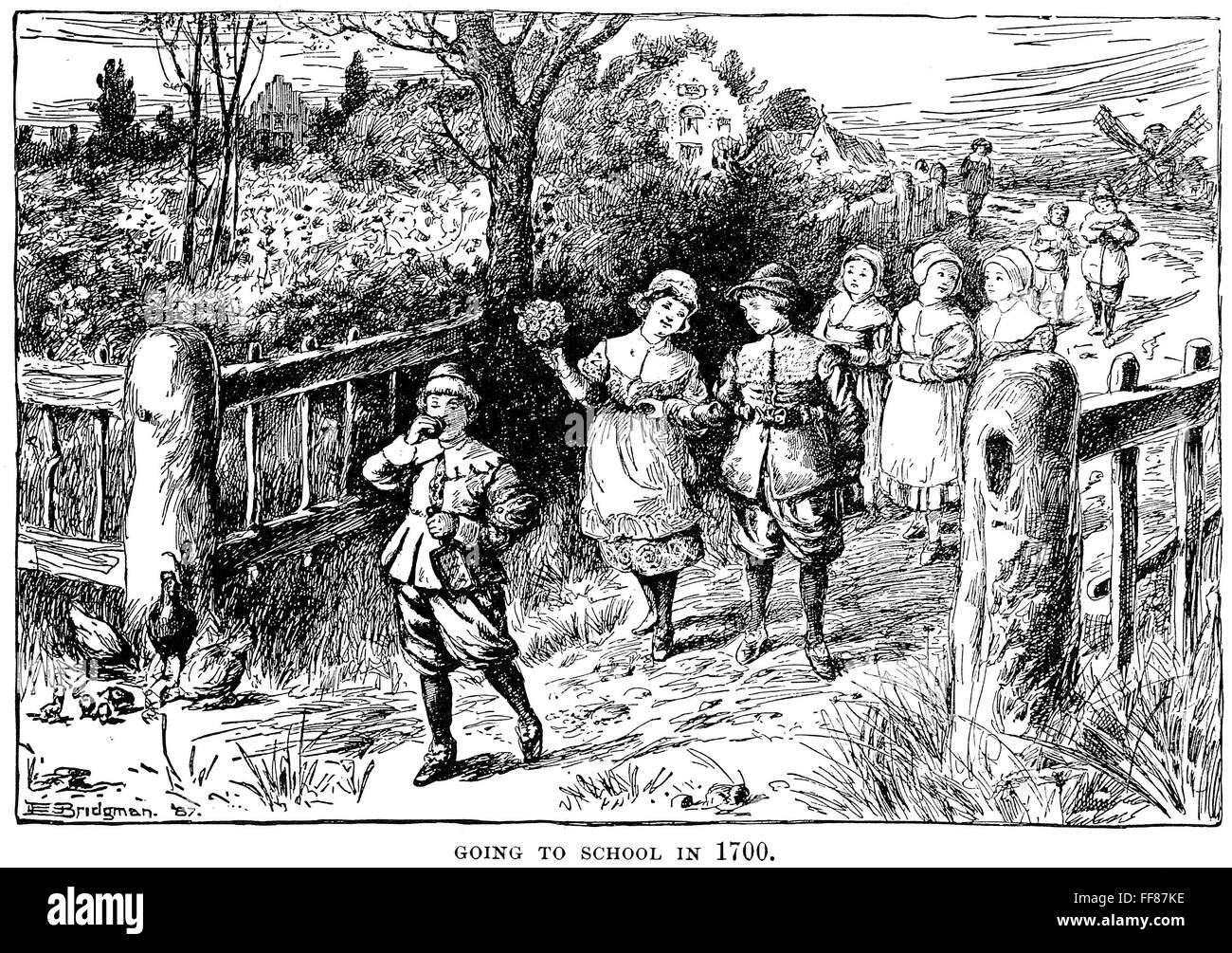 PILGRIM SCHOOLCHILDREN. /n'Going to School in 1700.' Wood engraving ...