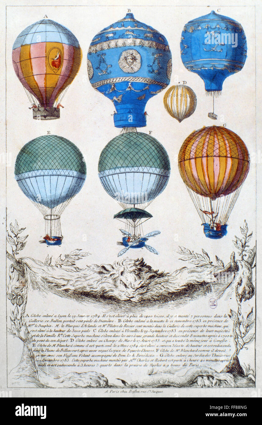 BALLOONING, 1784. /nModels of hot air balloons: French engraving, 1784 ...