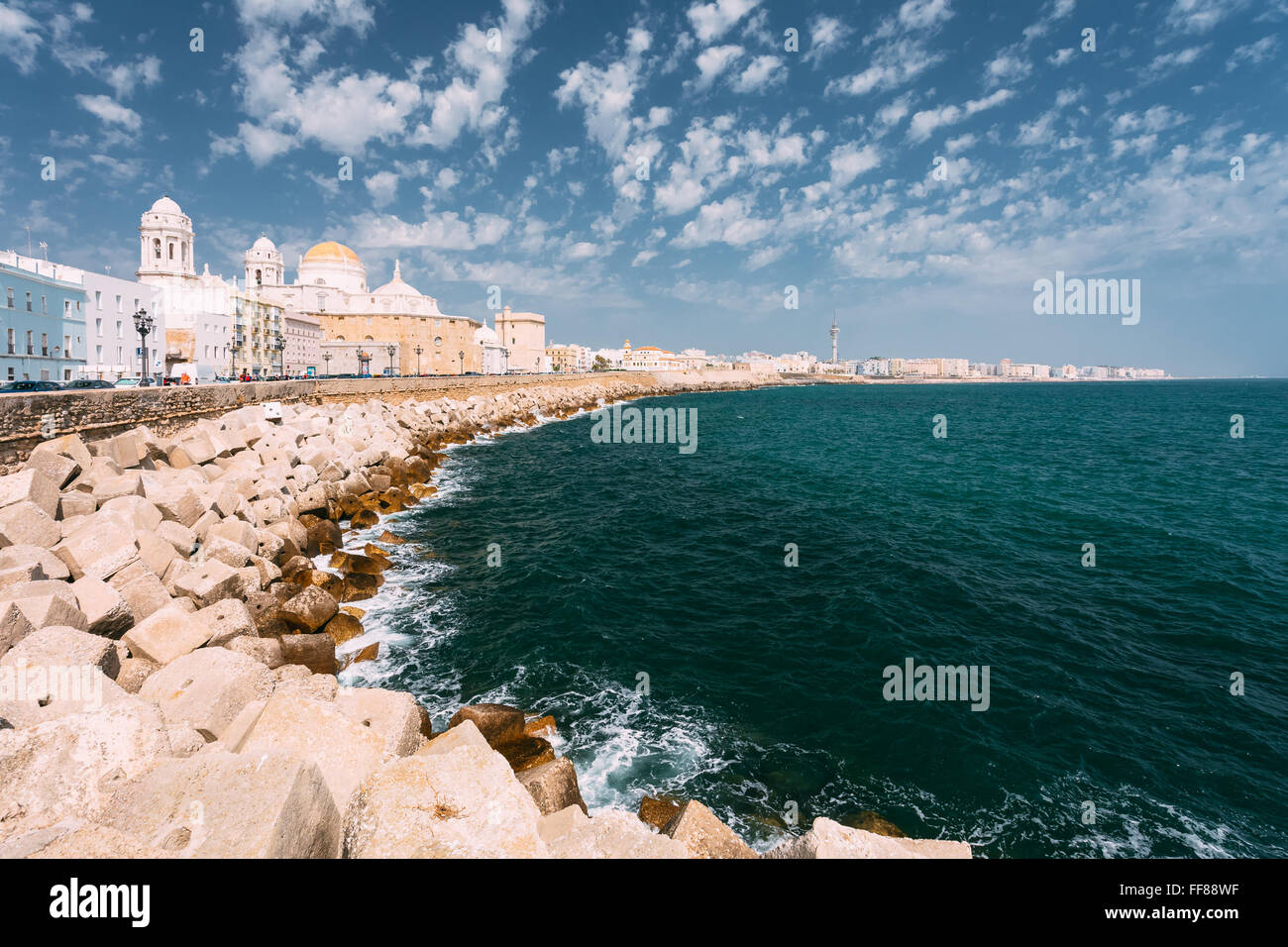 Ancient Cadiz city in southern Spain. Cadiz Cathedral and old town ...