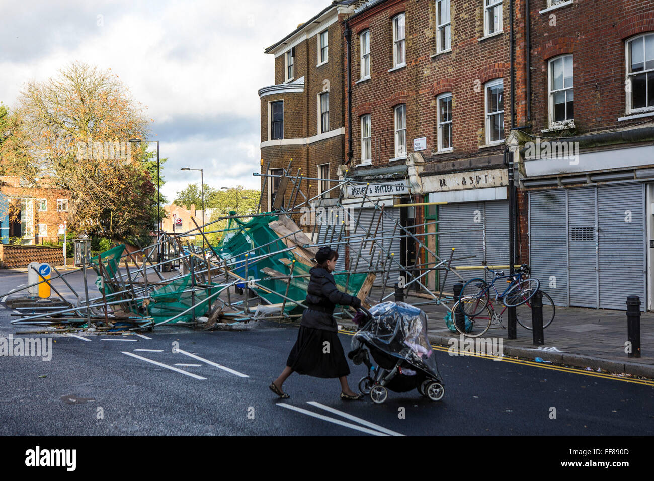 Scaffolding brought down by high winds on Manor road in Stoke Newington ...