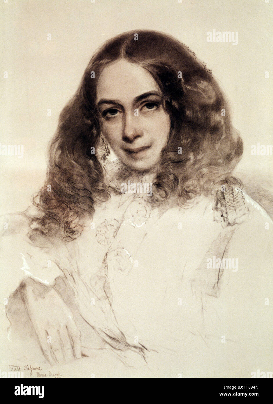 ELIZABETH BARRETT BROWNING /n(1806-1861). English poet. Chalk drawing ...
