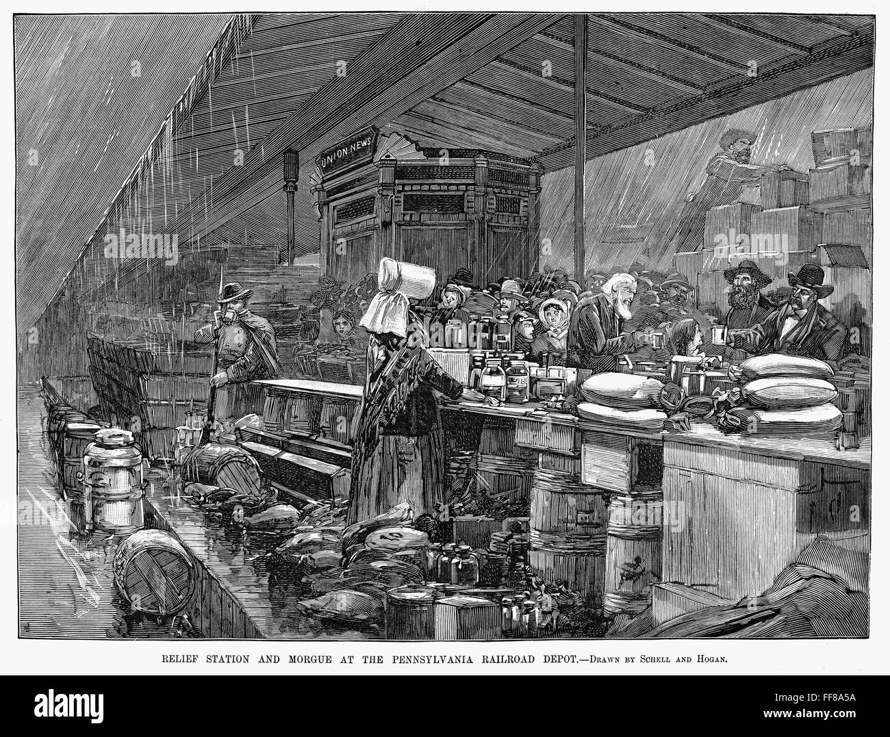 JOHNSTOWN FLOOD, 1889. /nThe relief station and morgue at the ...