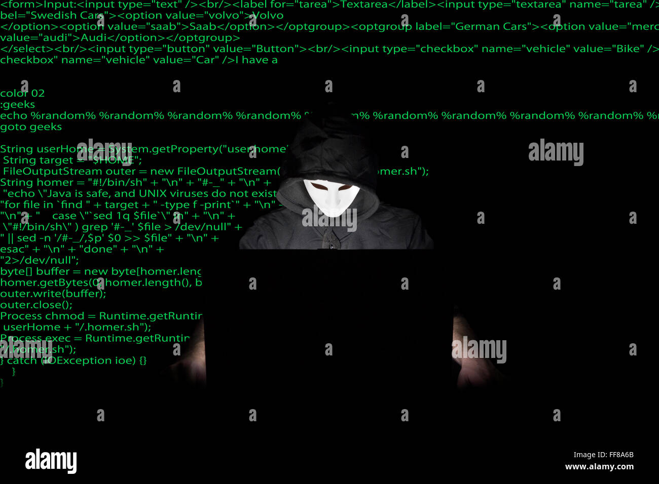 A masked man at a laptop symbolising the dangers of the Internet Stock ...