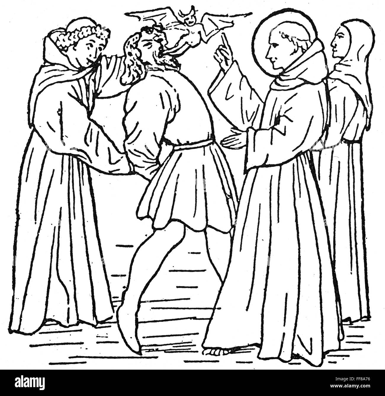 EXORCISM. /nA medieval saint exorcising/na demon. Woodcut Stock Photo ...