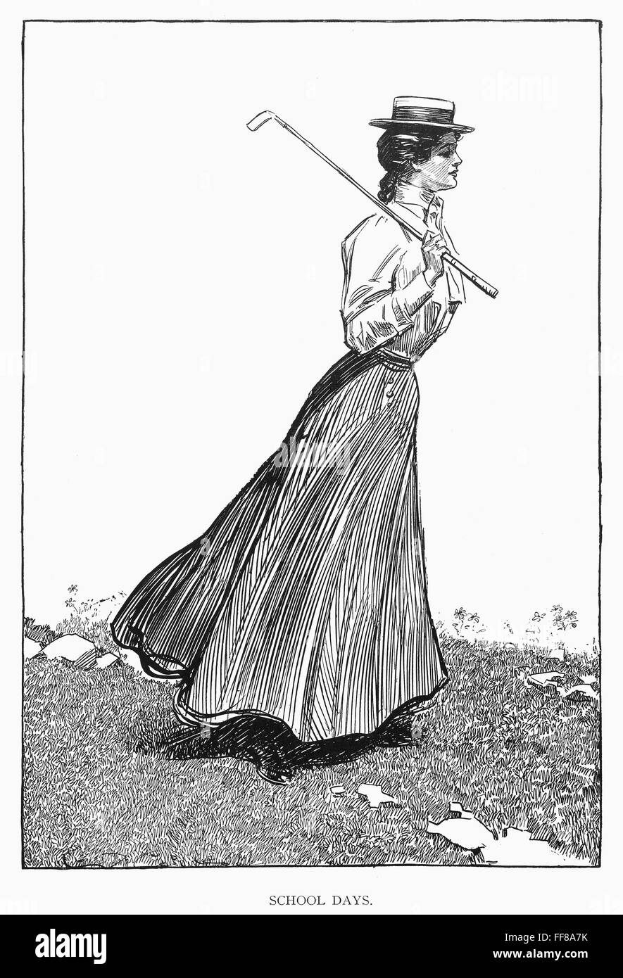 GIBSON GIRL, 1899. /n'School Days.' A golf-playing Gibson girl. Pen and ...