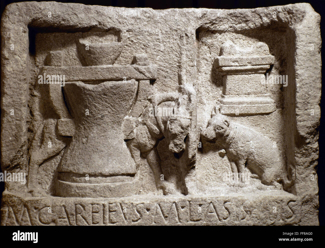 ROMAN GRAIN MILL. /nRoman stone relief of donkey-powered grain mill ...