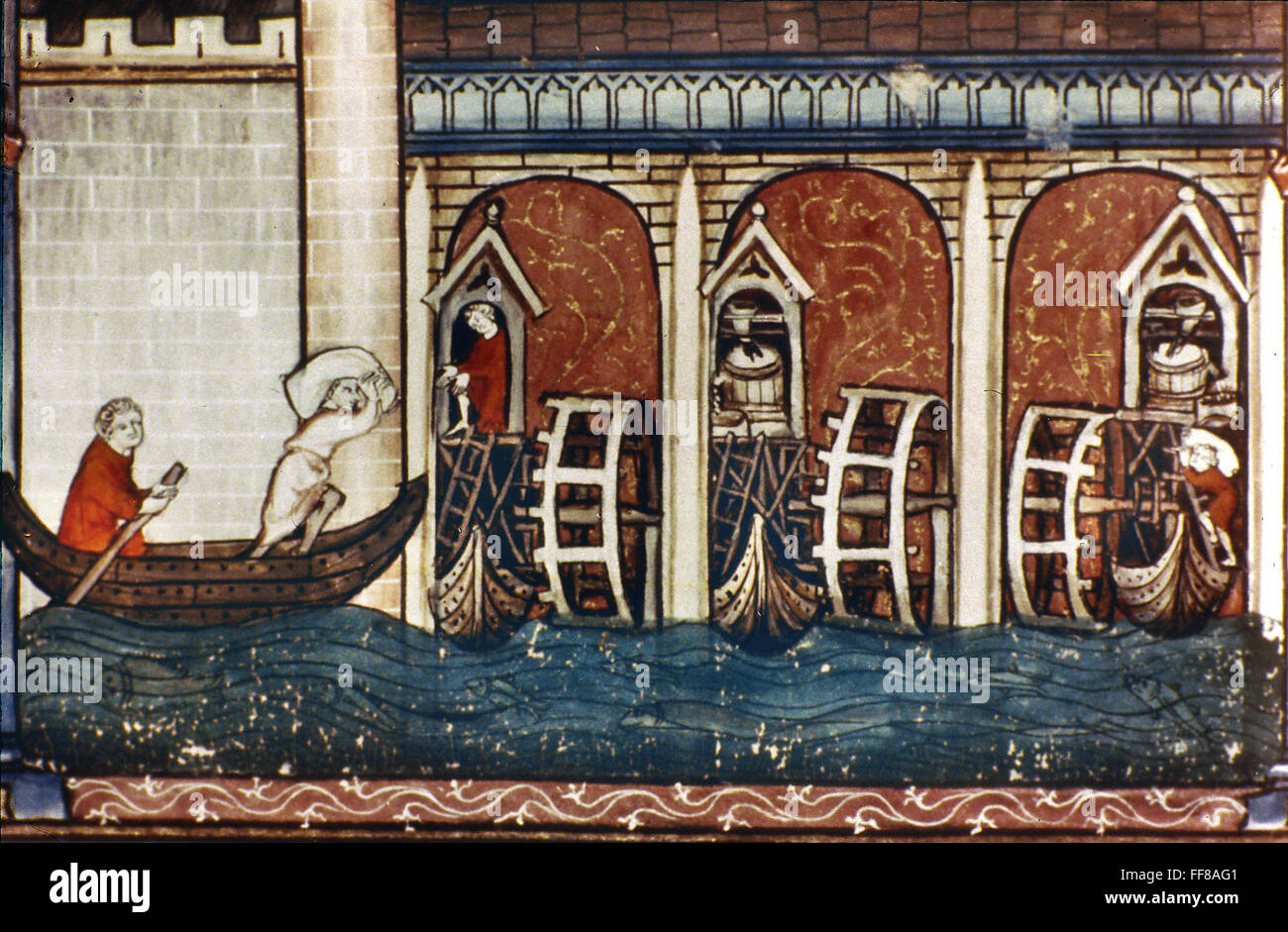 WATER-POWERED GRAIN MILL./nFrench ms. illumination, 13th century Stock ...