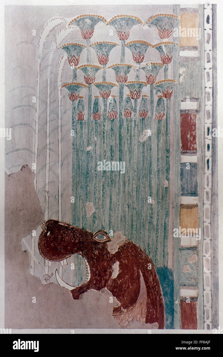 EGYPTIAN TOMB PAINTING. /nA hippopotamus in a papyrus thicket. Painting ...