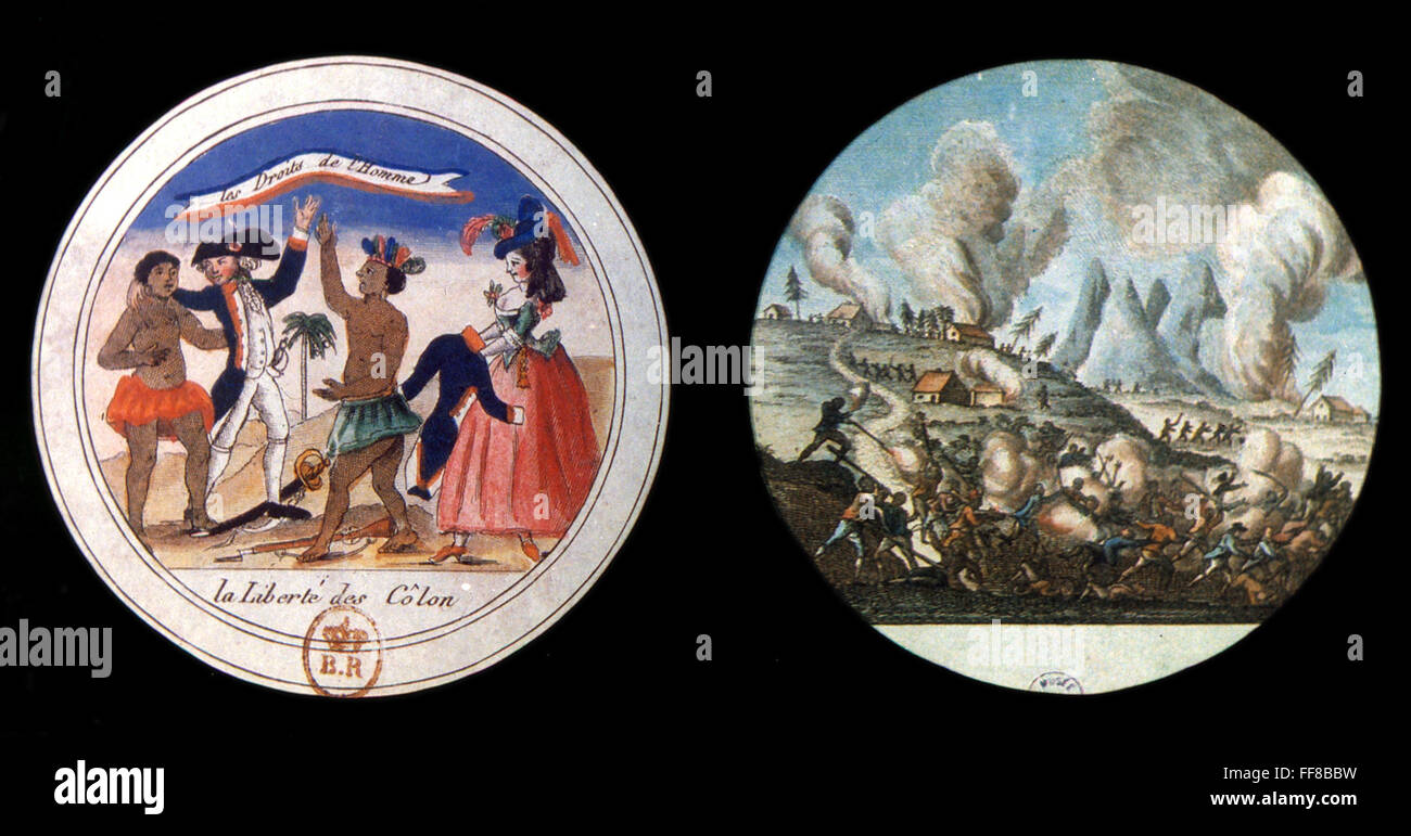 HAITI: SLAVE REVOLT, 1791. /nLeft: interracial harmony under the banner ...