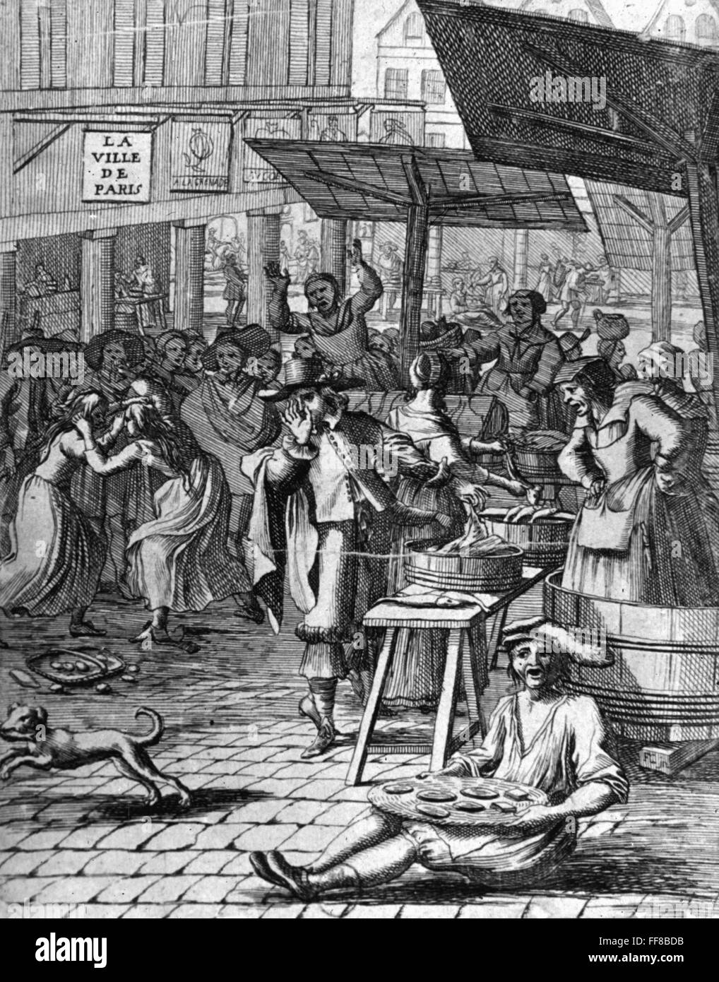 PARIS: MARKET, 17th CENTURY. /nMarket scene in Paris, France. Line ...