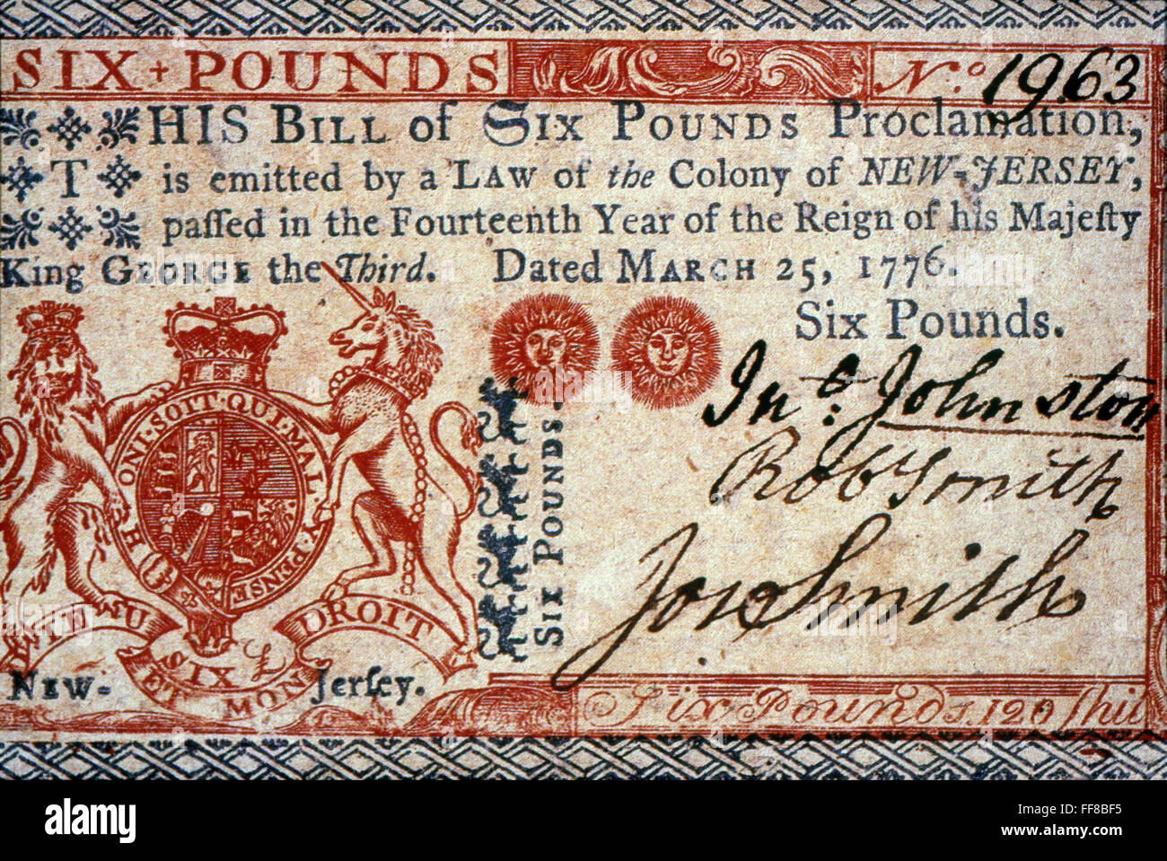 COLONIAL CURRENCY, 1776. /nDetail from a six-pound bill of credit ...