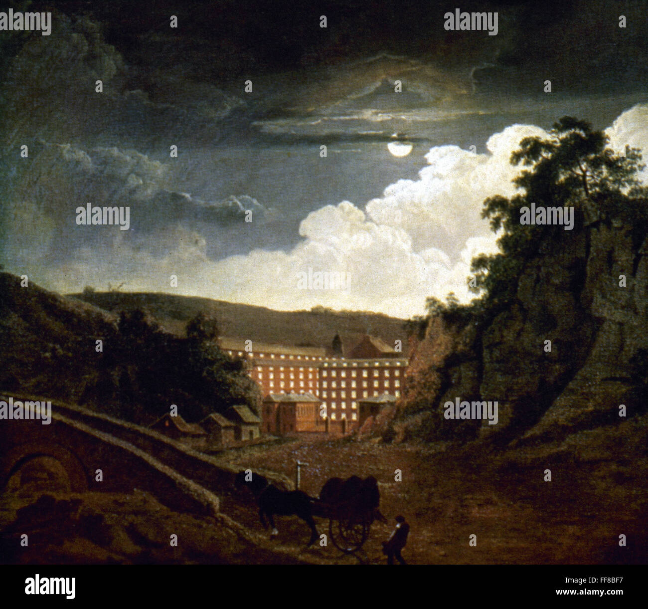 WRIGHT: COTTON MILL. /n'Arkwright's Cotton Mills by Night,' in Cromford ...