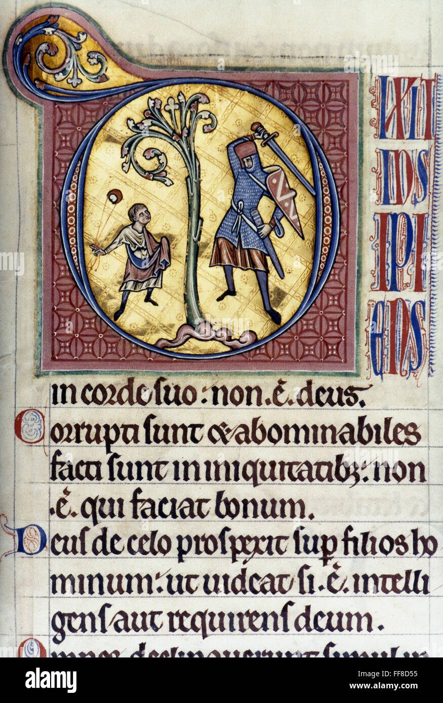 DAVID & GOLIATH. /nManuscript llumination from the Peterborough Psalter ...