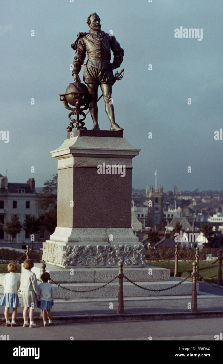 SIR FRANCIS DRAKE. /n(1540?-1596). English admiral. Statue at Plymouth ...