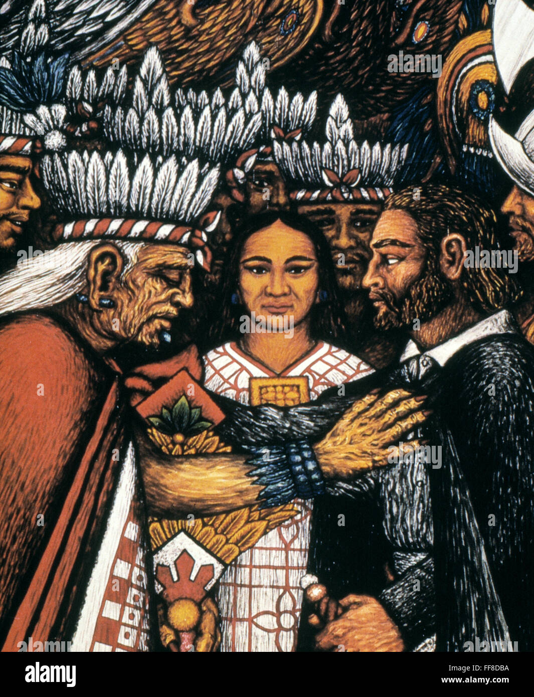 DONA MARINA (1501-1550). /nAztec princess depicted between a Tlaxcalan ...