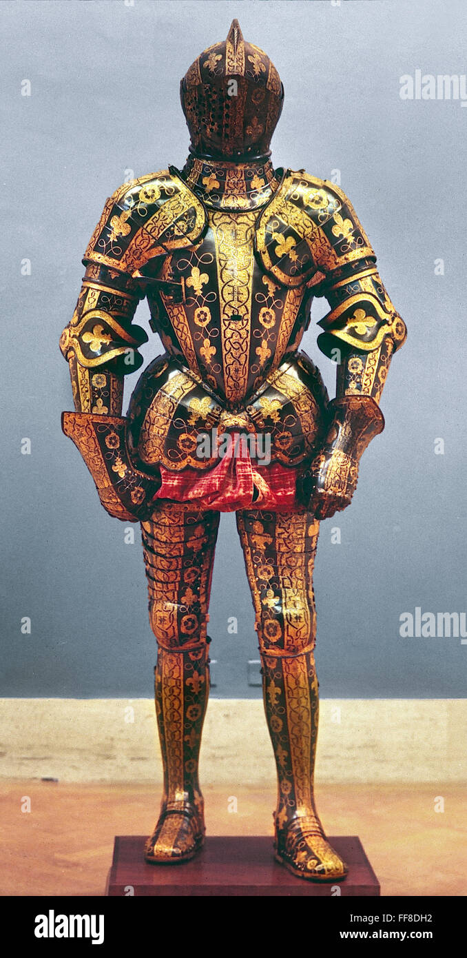 ENGLISH ARMOR, c1590. /nEnglish suit of steel, brass and leather armor ...