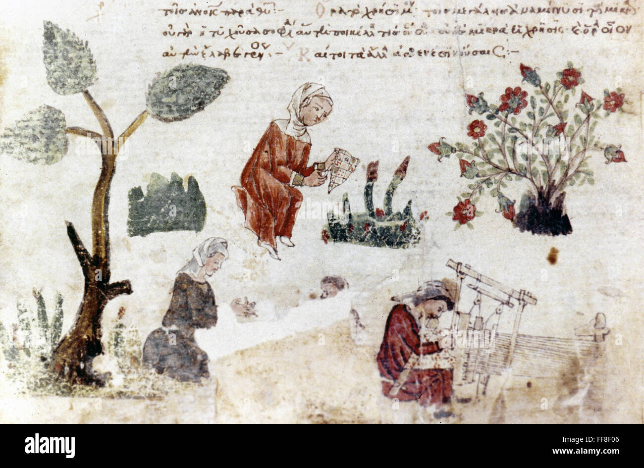 BYZANTINE ART: WOMEN WEAVING /nWomen studying medical plants (top) and ...