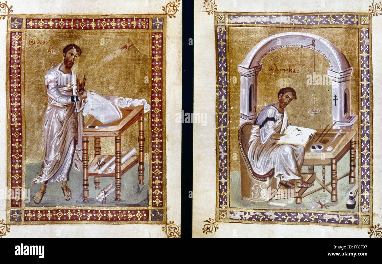 BYZANTINE EMPIRE: SAINT LUKE /nwriting on a scroll (left) and in a book ...