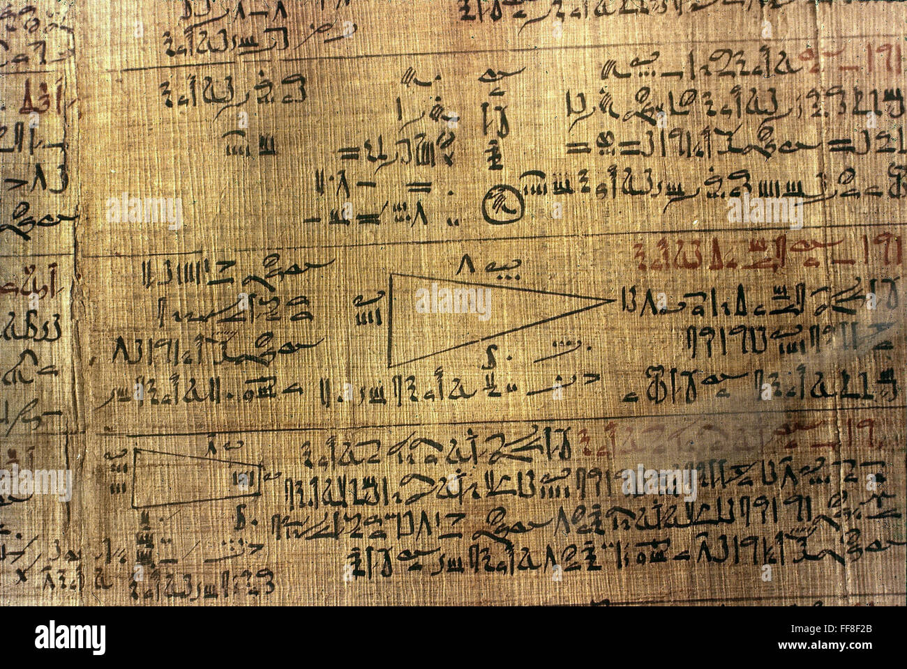 EGYPT: MATHEMATICS. /nEgyptian papyrus inscribed with calculations of ...
