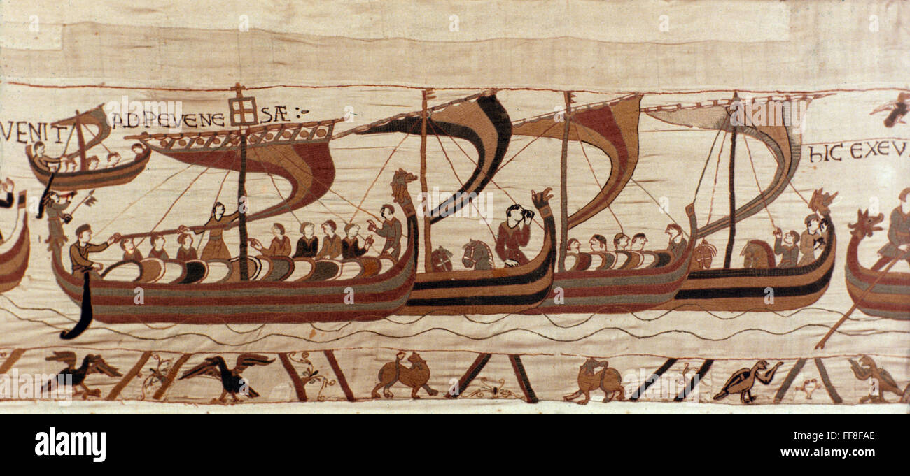 BAYEUX TAPESTRY. /nDuke William's ship (at left, with signal lamp at ...