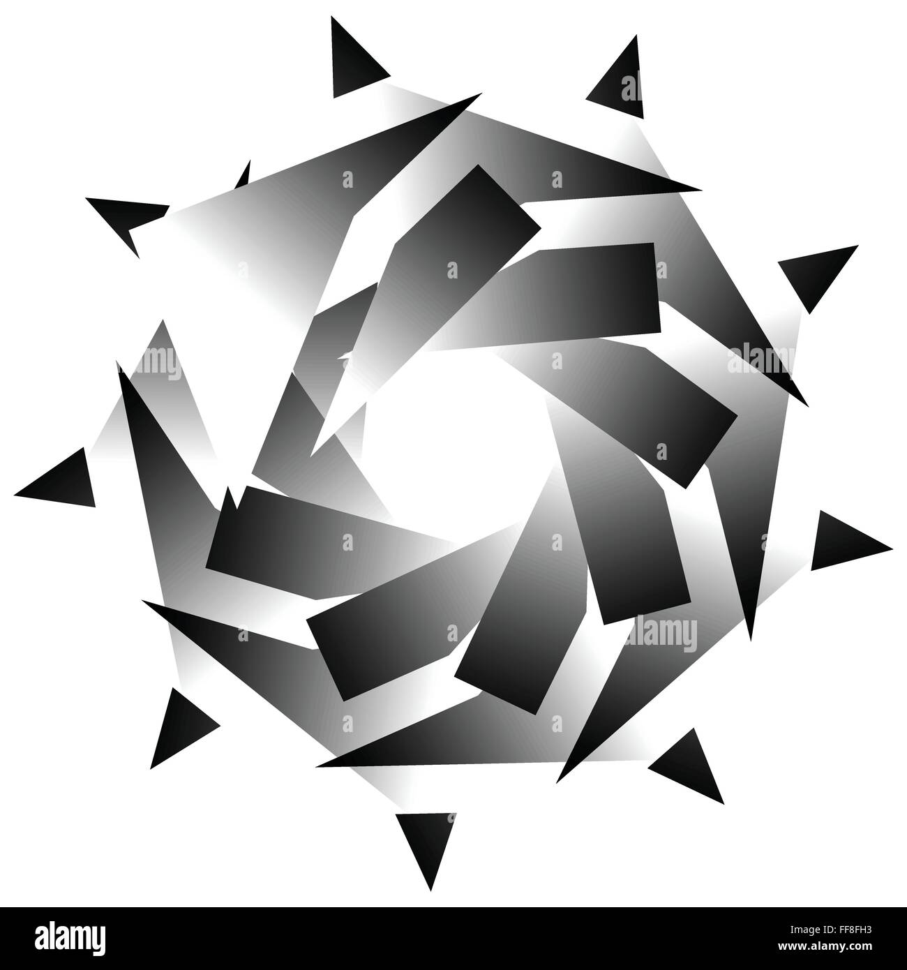 Abstract monochrome spirally, rotating element isolated on white ...