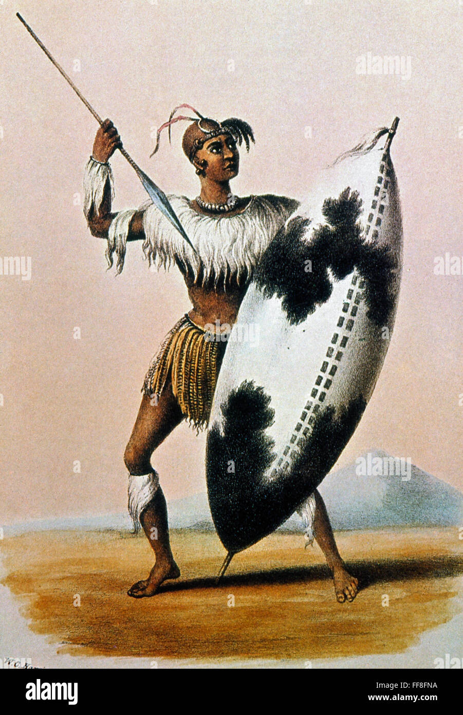 MATABELE WARRIOR, 1841. /nLingap, a Matabele warrior. Lithograph ...
