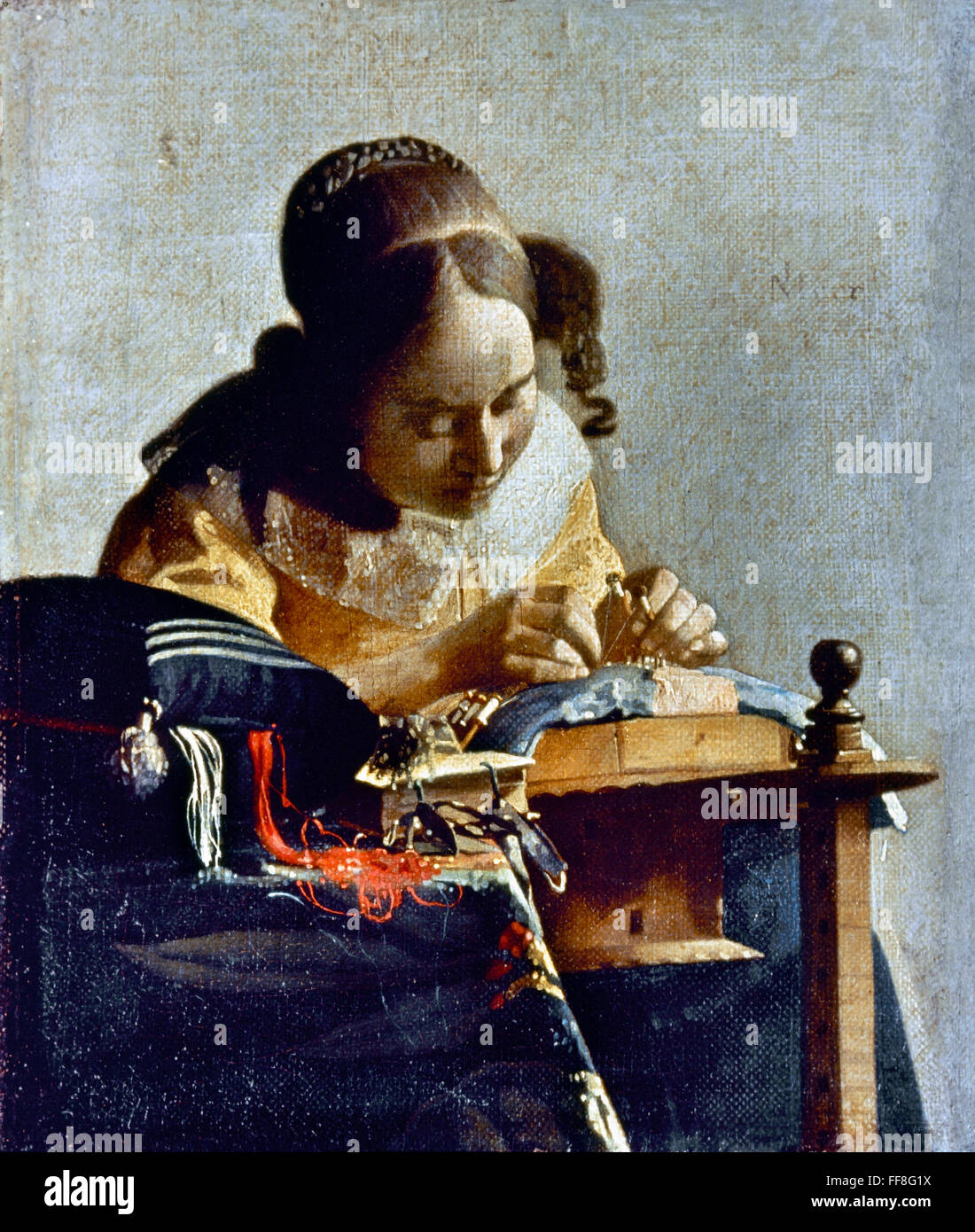 VERMEER: LACEMAKER, 1665. /n'The Lacemaker.' Oil on canvas by Johannes ...