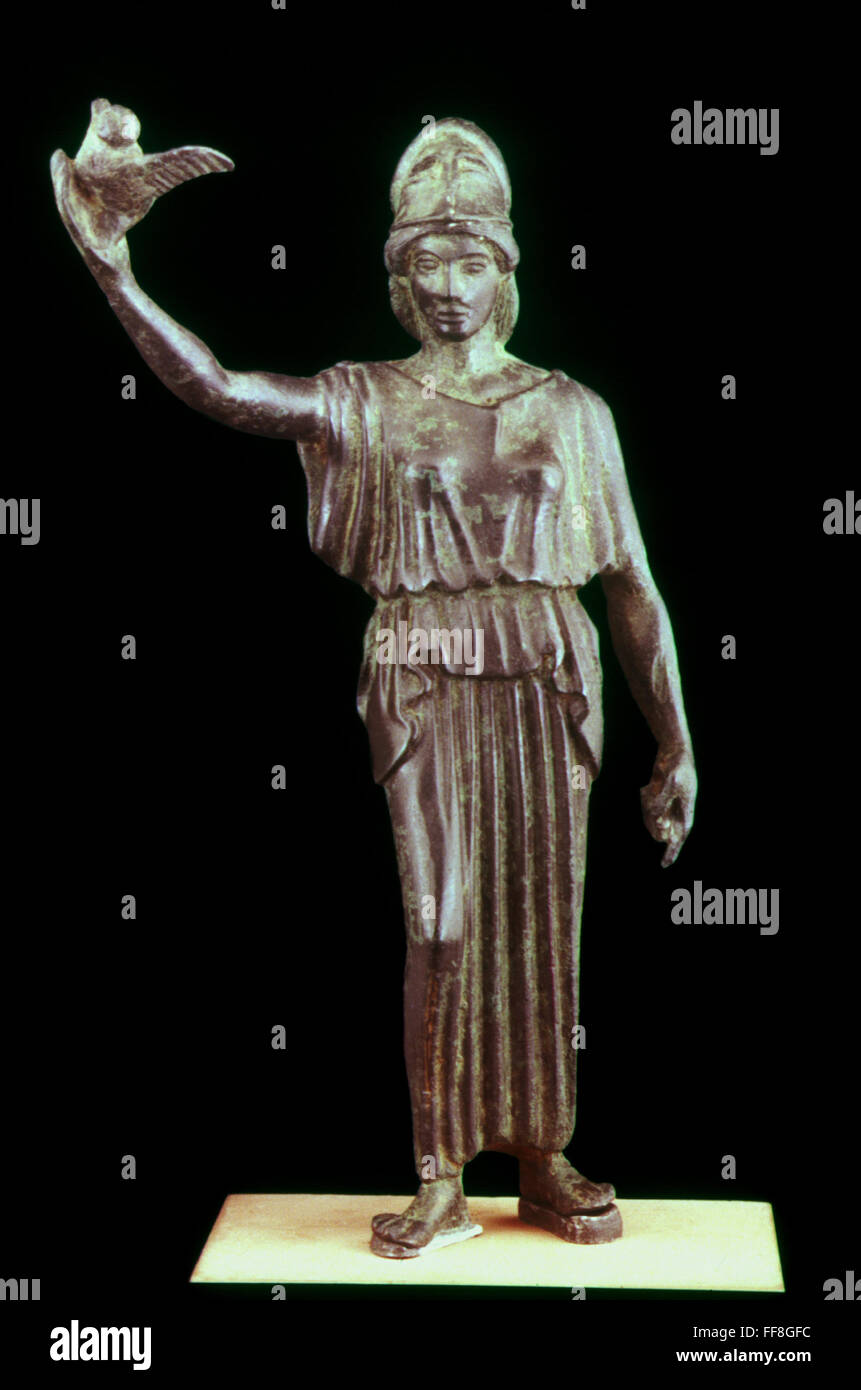 ATHENA/MINERVA, c460 B.C. /nGreek bronze statuette of Athena flying her ...
